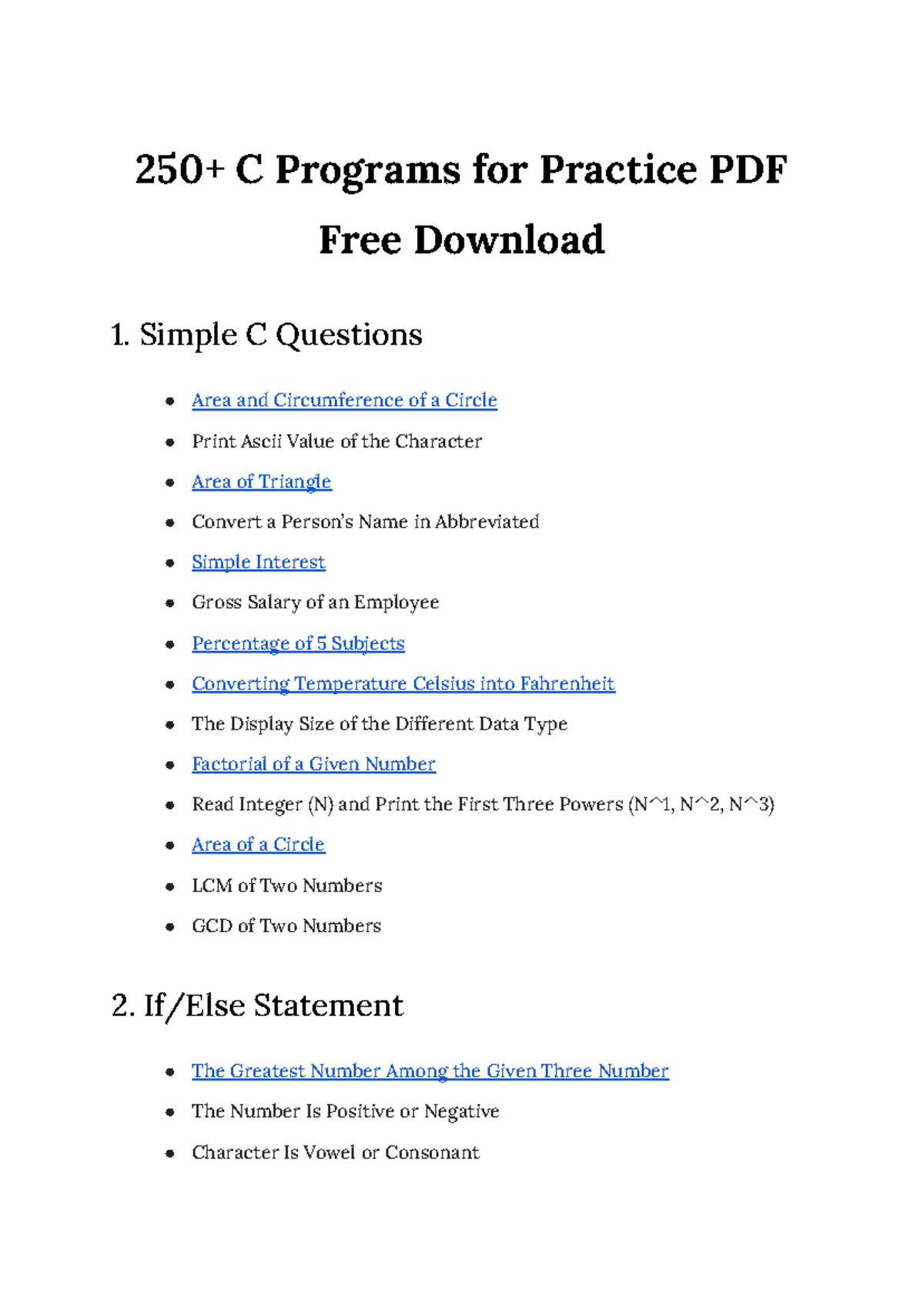 C Programs for Practice: Comprehensive Guide to C Concepts - Studocu