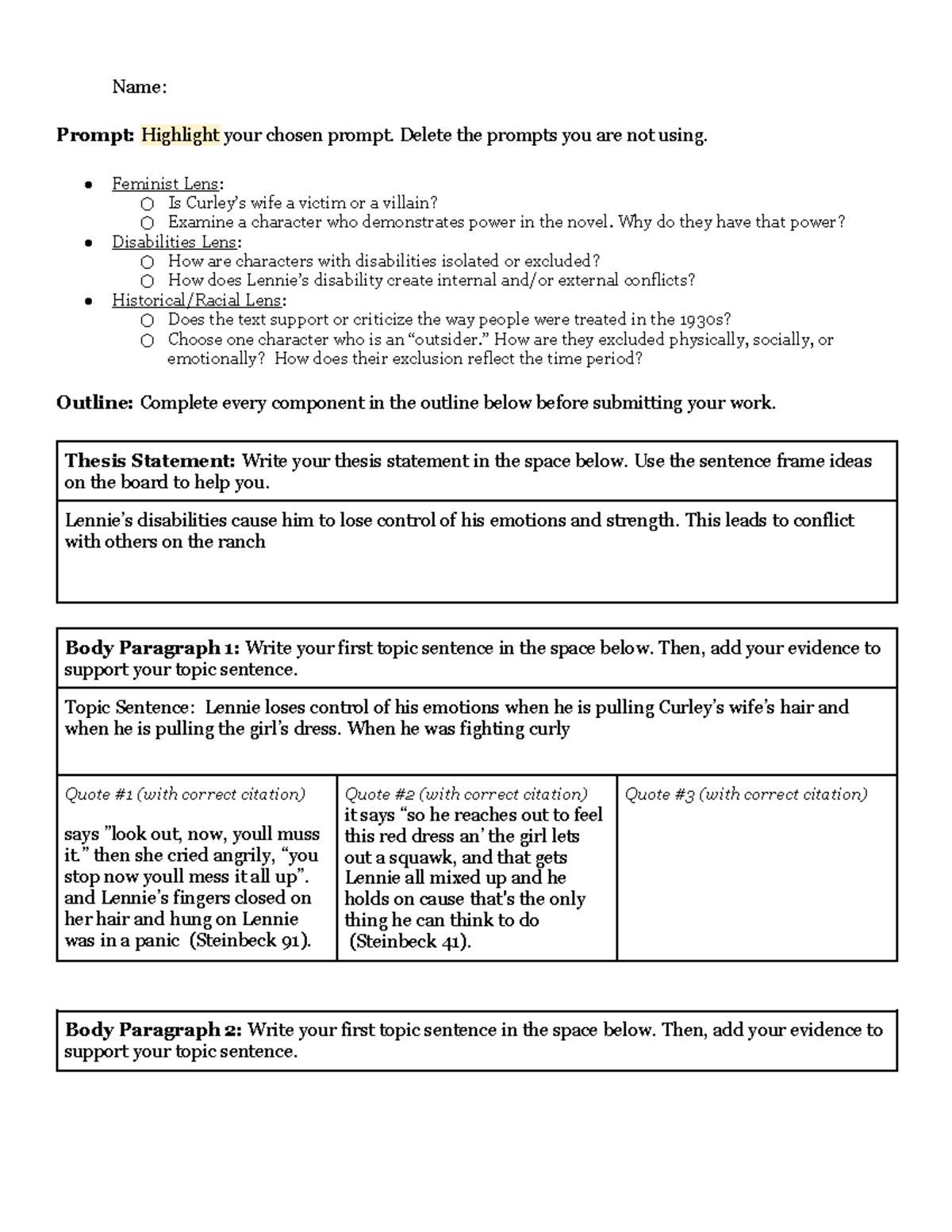 Of Mice and Men Essay Outline - CAR-5 - Name: Prompt: Highlight your ...