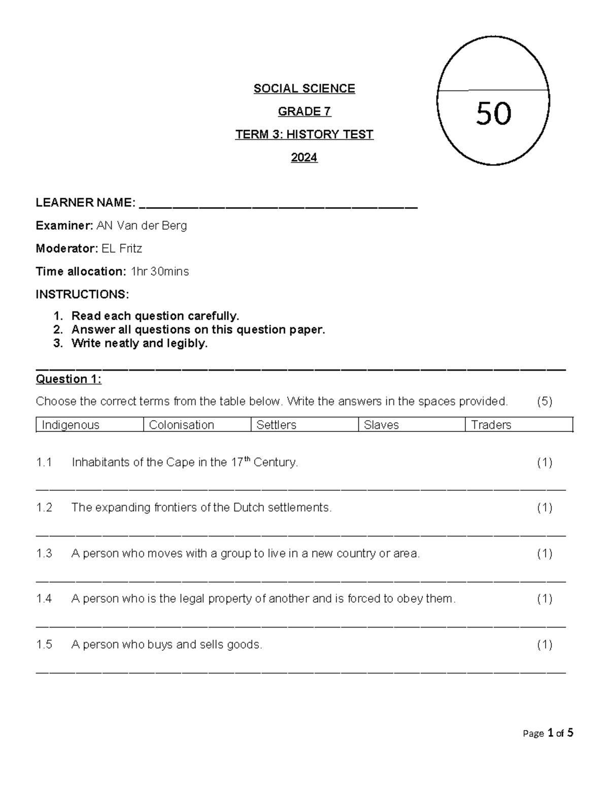 Gr7 T3 2024 History Test Resource and Question Paper - Studocu