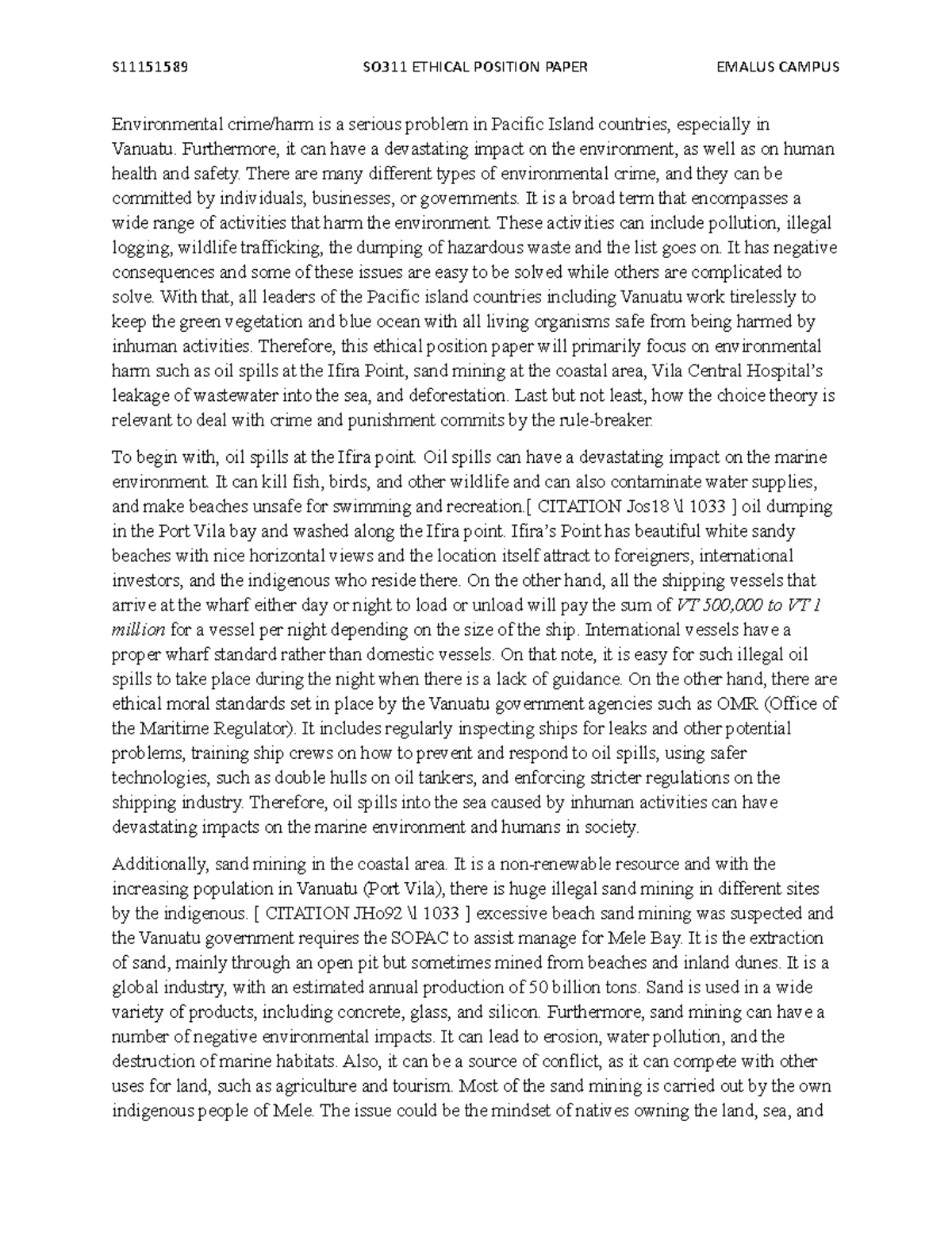 S11151589 SO311 Final Ethical Position Paper on Environmental Crimes ...