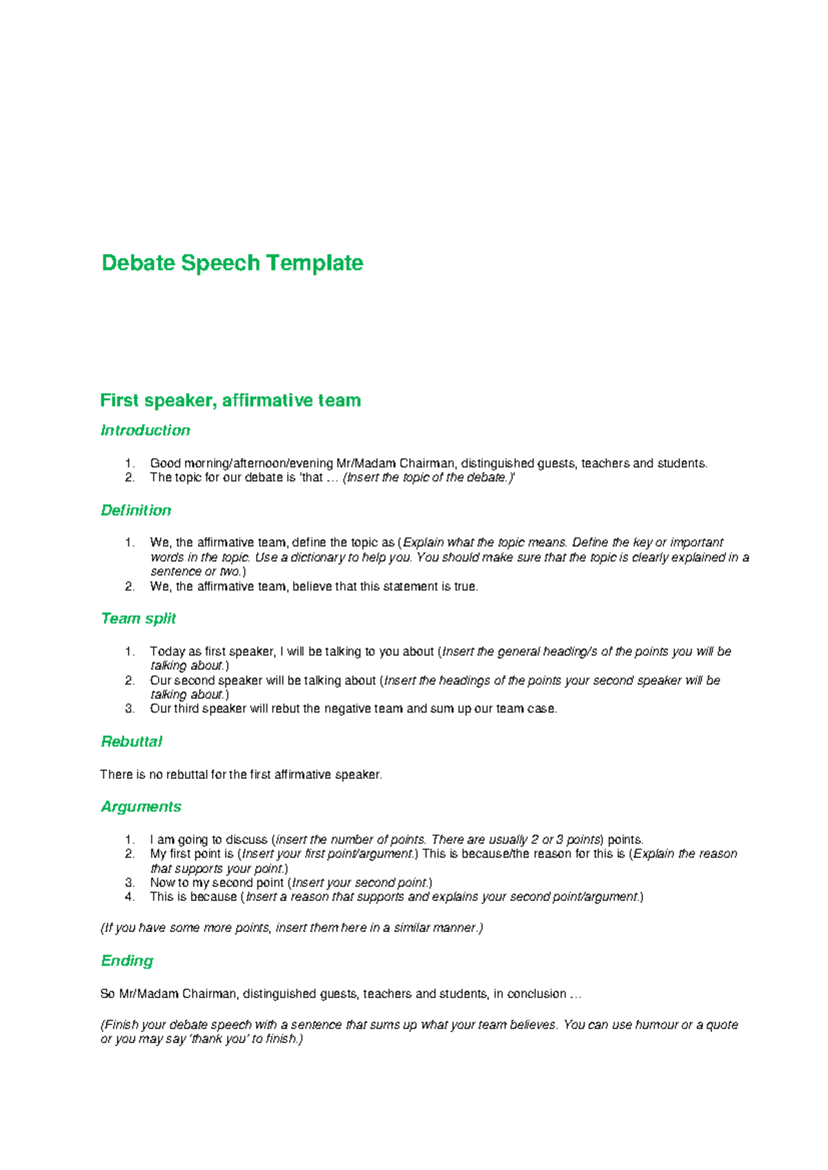 Debate Speech Template for Environmental and Financial Sustainability ...