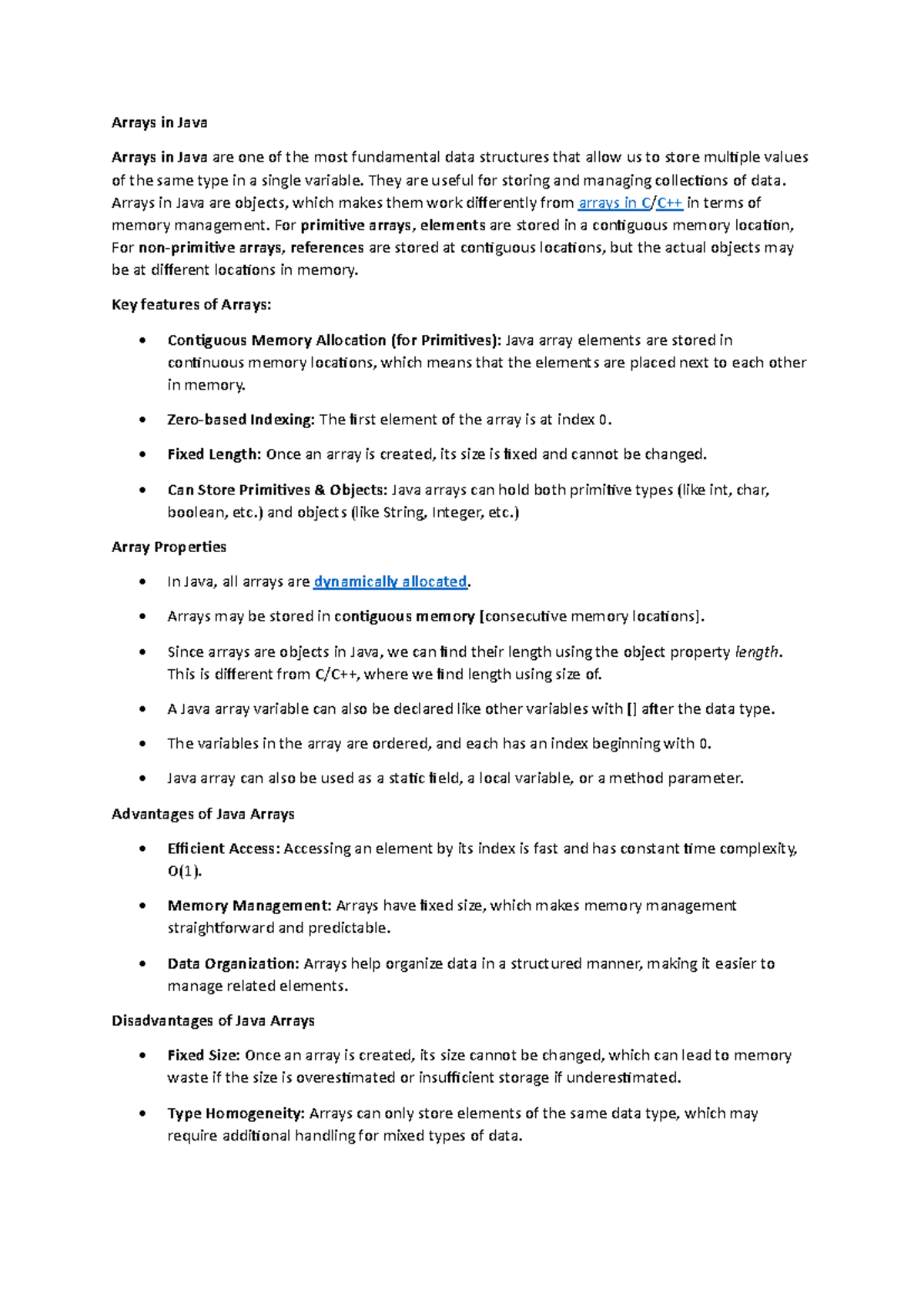Arrays in Java: Key Features, Advantages, and Disadvantages - Studocu