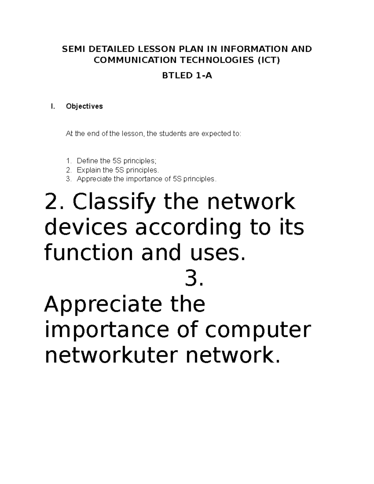 SEMI DETAILED LESSON PLAN: 5S Principles in ICT BTLED 1-A - Studocu