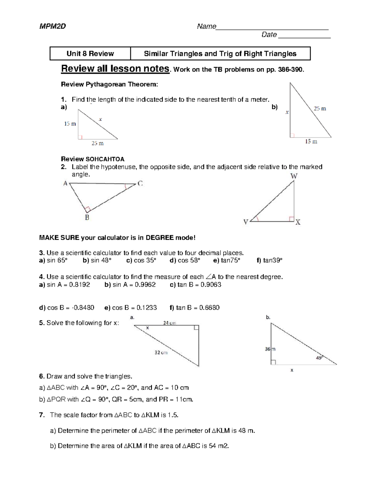 MPM2D Unit Test 8 Review: Similar Triangles & Trigonometry Concepts ...