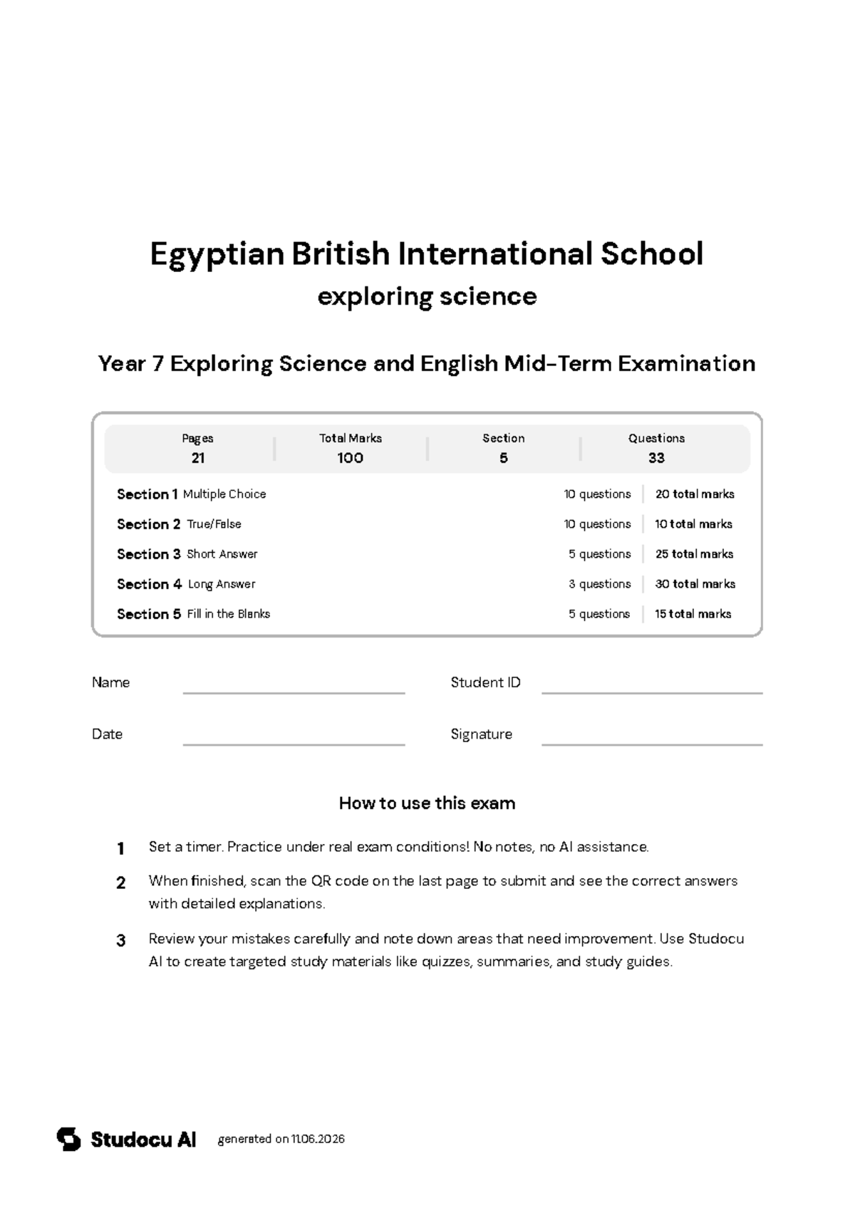 Year 7 Exploring Science and English Mid-Term Exam - Studocu