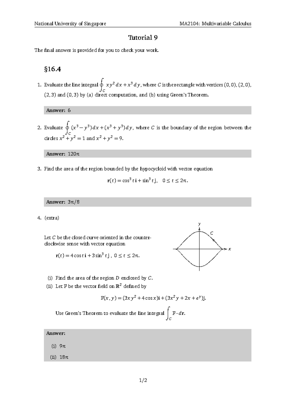 MA2104 Multivariable Calculus Tutorial 9: Line Integrals & Green’s ...