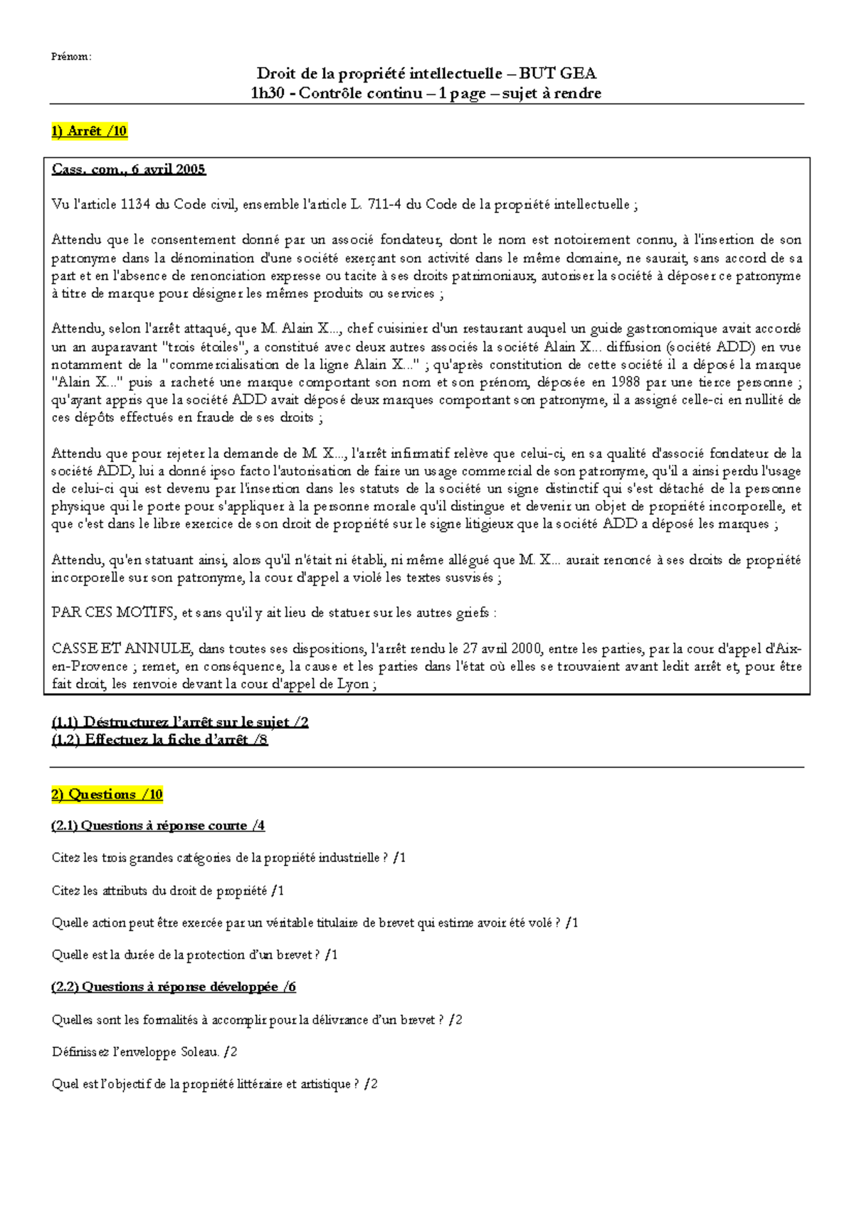 Interrogation PI - Prénom : Droit de la propriété intellectuelle – BUT ...