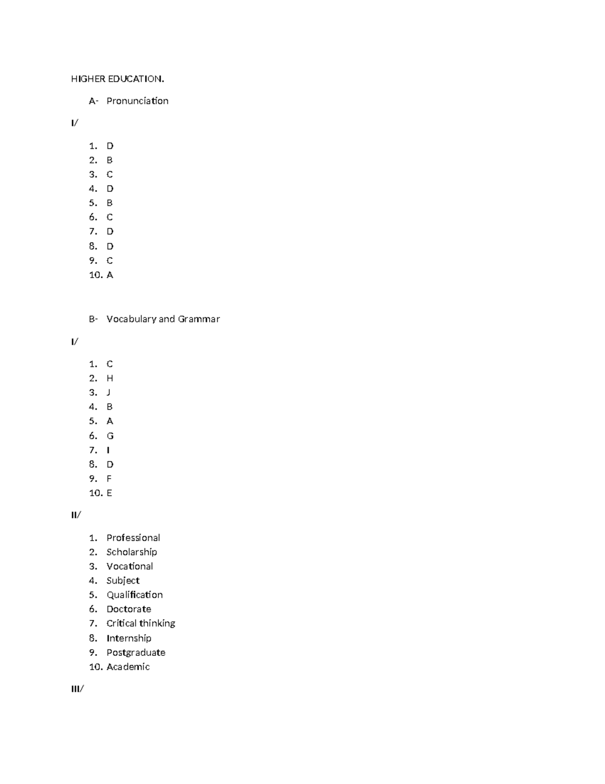 Higher Education Quiz Answers and Vocabulary List - Studocu