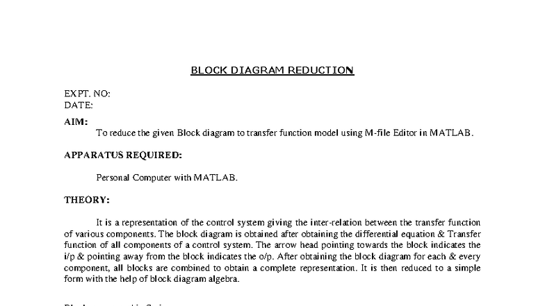 CS - SW Exp. 1: Block Diagram to Transfer Function Reduction - Studocu