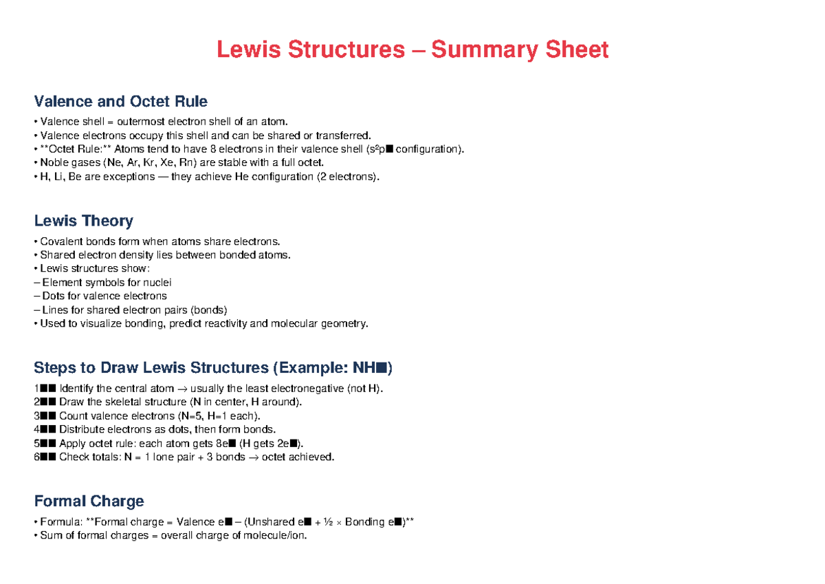 Lewis Structures Summary Sheet: Valence & Octet Rule Overview - Studocu