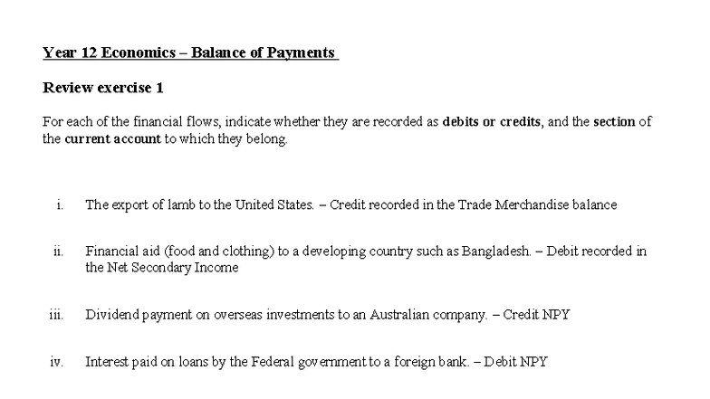 Year 12 Economics - Balance of Payments Review Exercises - Studocu