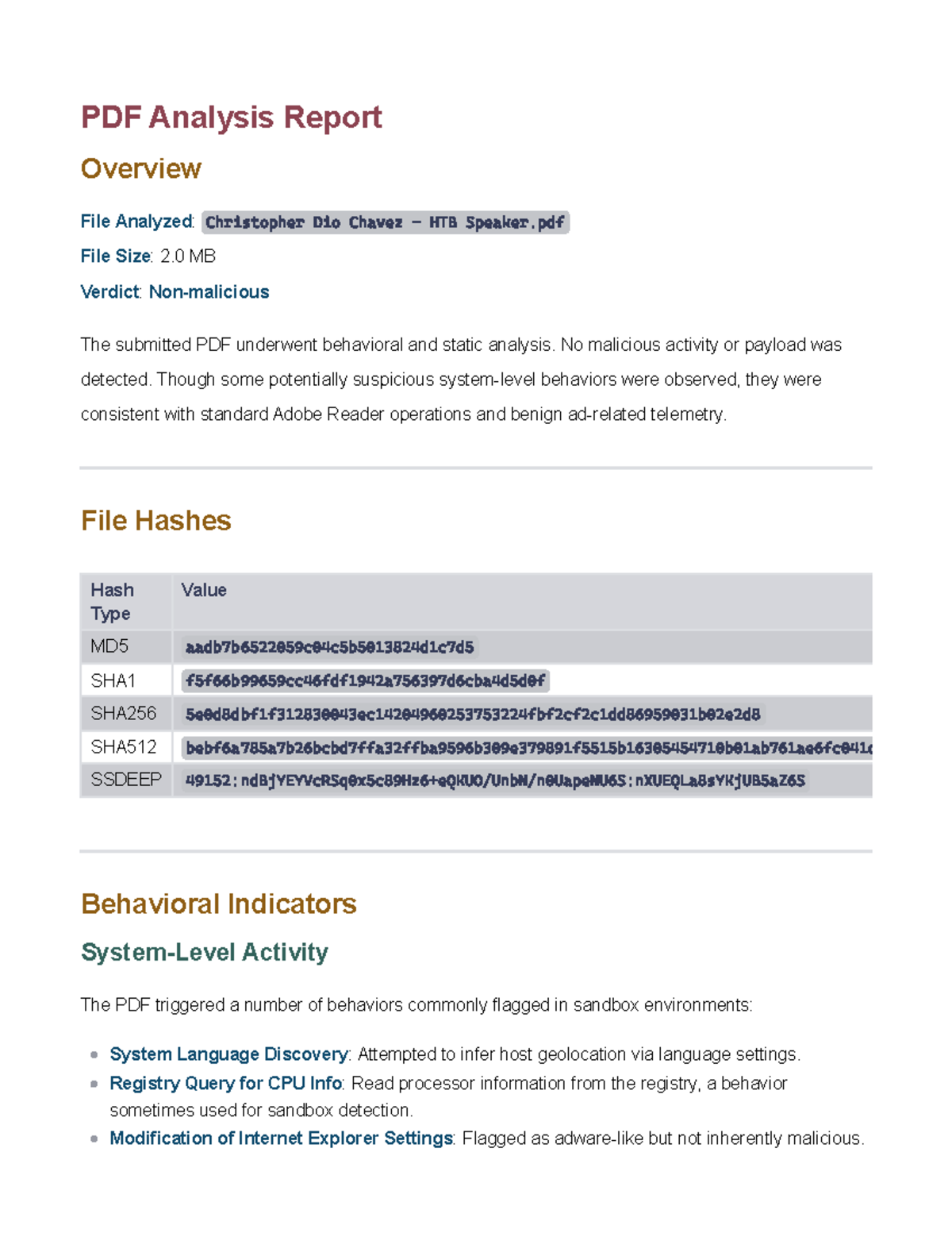 PDF Analysis Report: Behavioral & Static Review of HTB Speaker.pdf ...