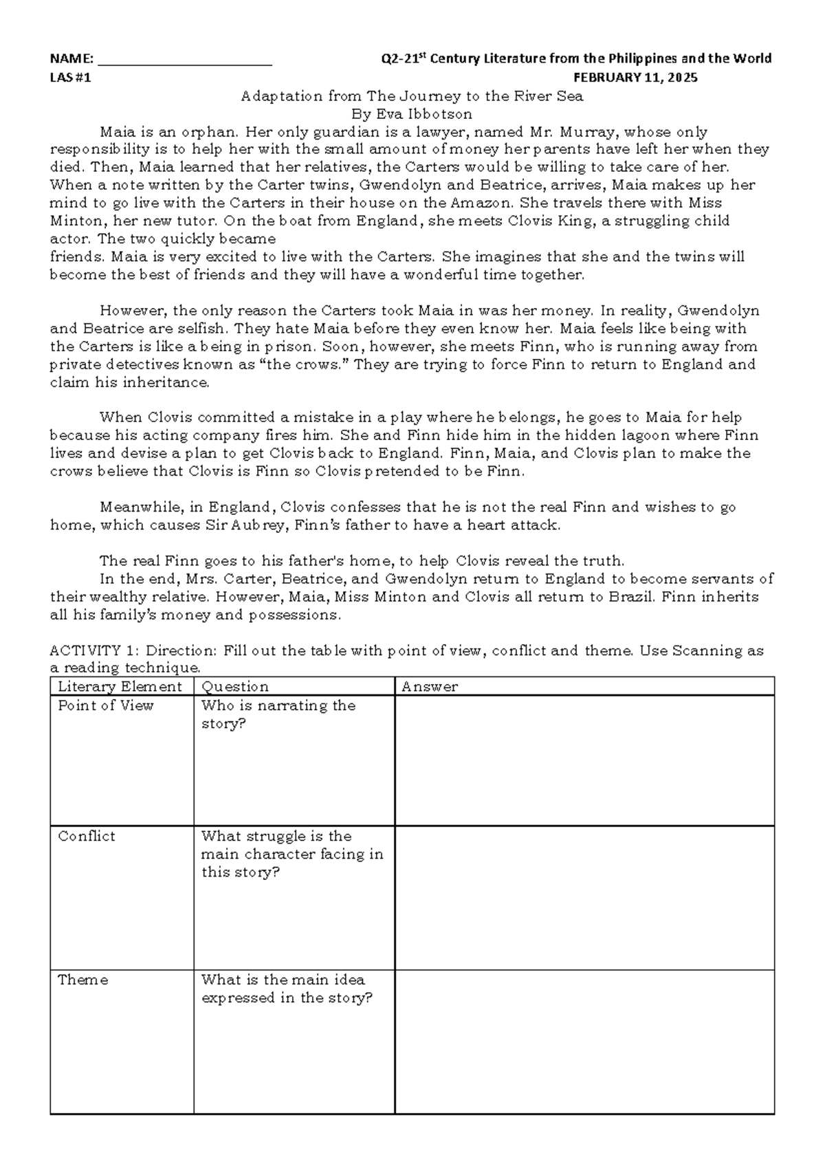 21st Century Lit Q2 Week 1 - NAME: _______________________ Q2- 21 st ...