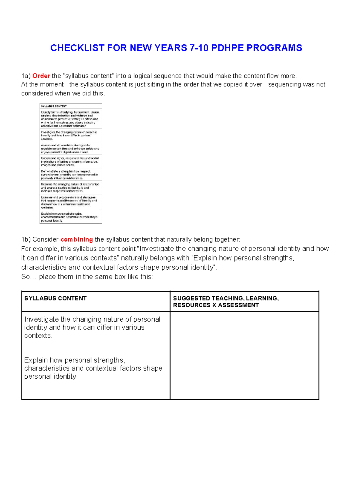 Checklist for New PDHPE Programs: Structuring & Teaching Strategies ...