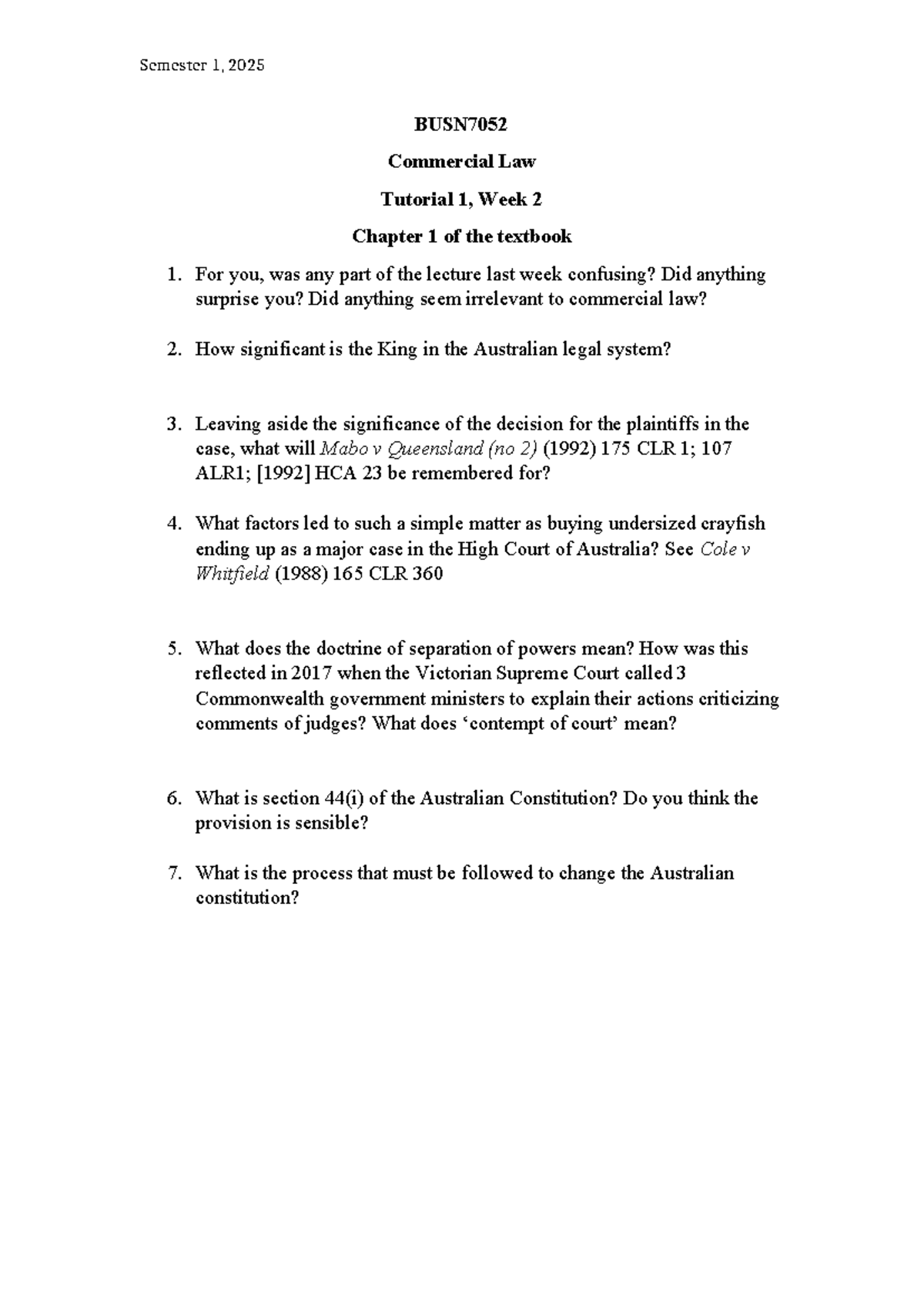 BUSN7052 Commercial Law Tutorial 1: Week 2 Questions & Insights - Studocu