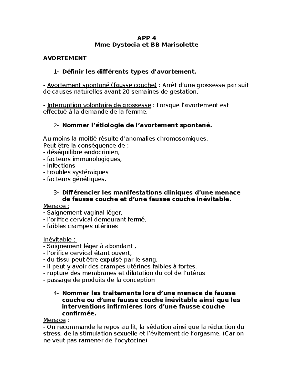 APP 4 - Dystocie, Avortement et Complications Obstétricales - Studocu