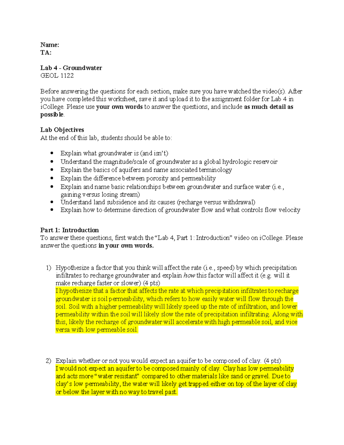 Lab 4 Worksheet: Groundwater Concepts & Analysis (GEOL 1122) - Studocu