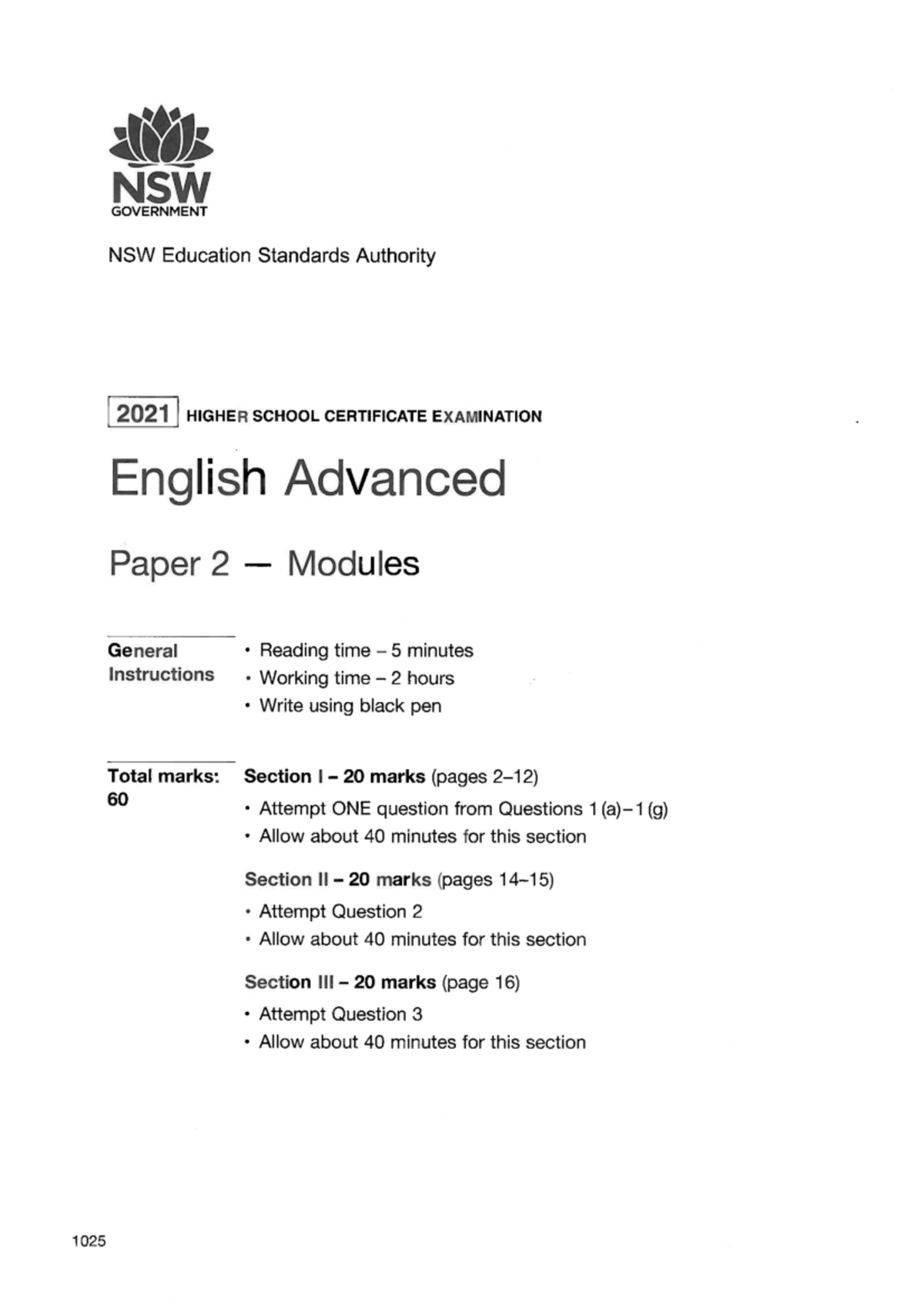 2021 HSC English Advanced Paper 2 Exam - Modules Overview - Studocu