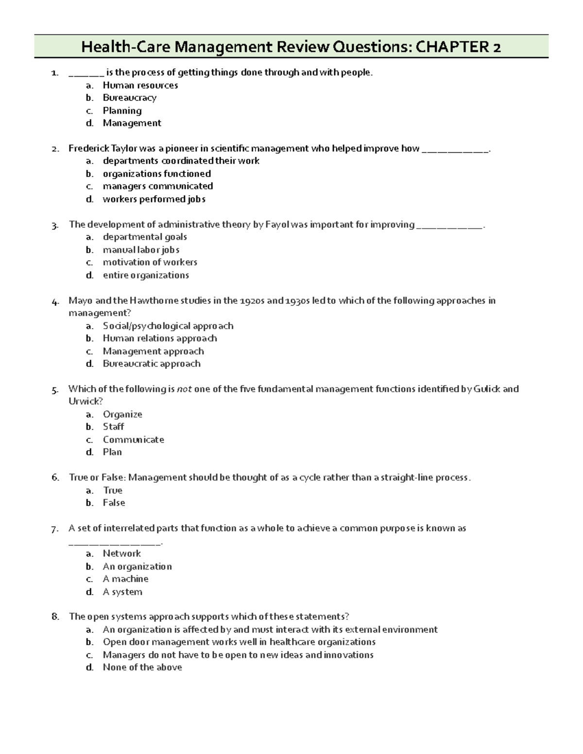 MNGT- QUIZ 2 - Healthcare Management Review Quiz #2: A review of the most important material ...