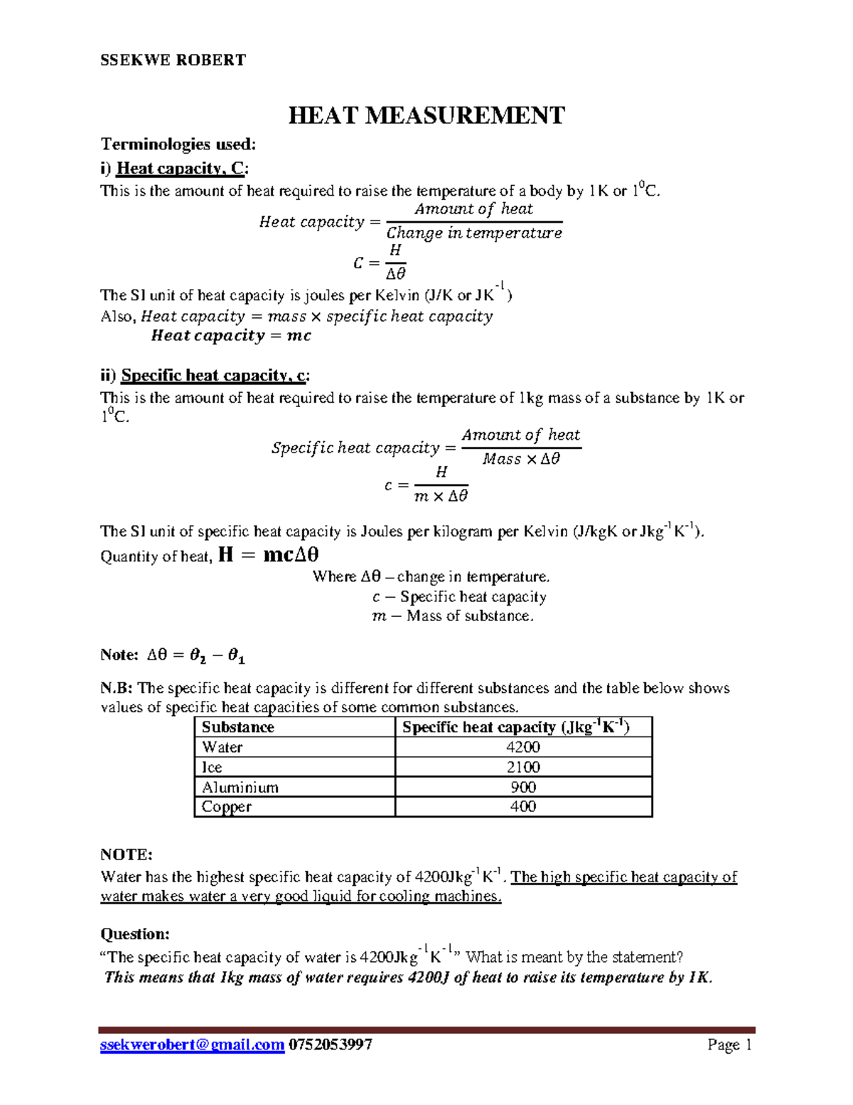Heat Measurement Notes PHYS101 S4 - Studocu