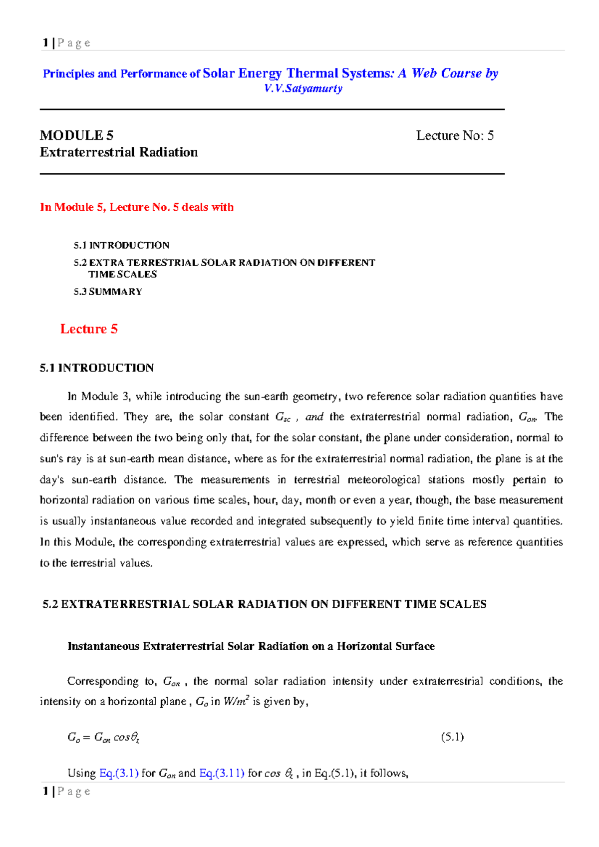 Principles of Extraterrestrial Radiation: Solar Energy Systems (Module ...
