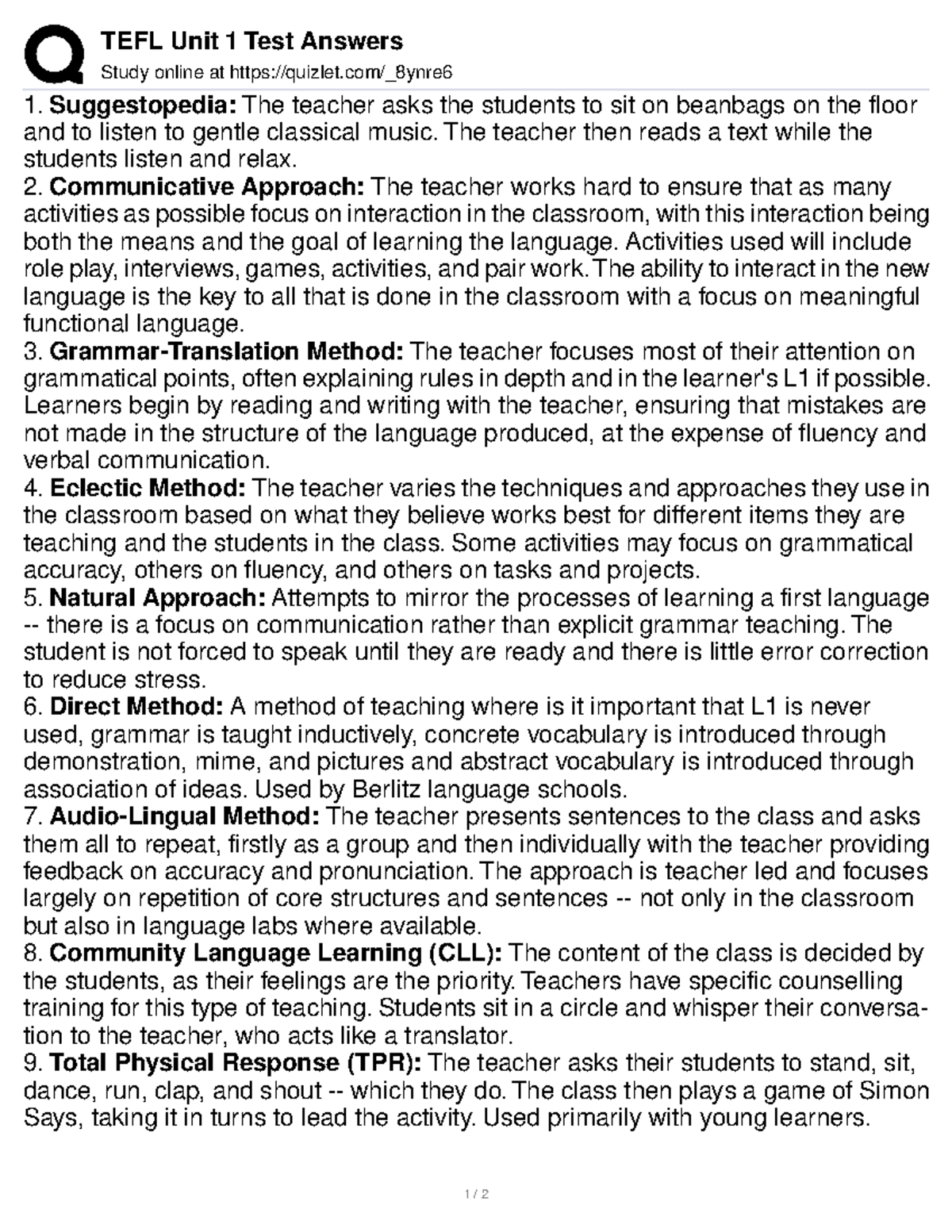 TEFL 101: Vocabulary Methods Assignment - Insights & Approaches - Studocu