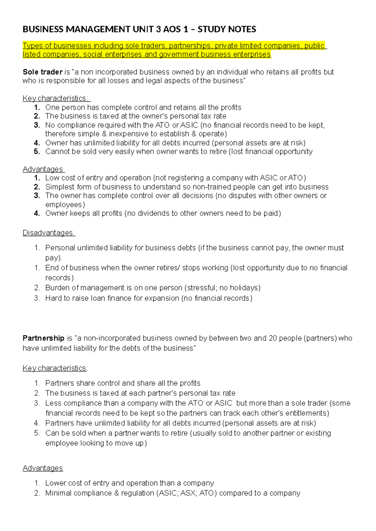 Business Management Study Notes: Types of Businesses (Unit 3 AOS 1 ...