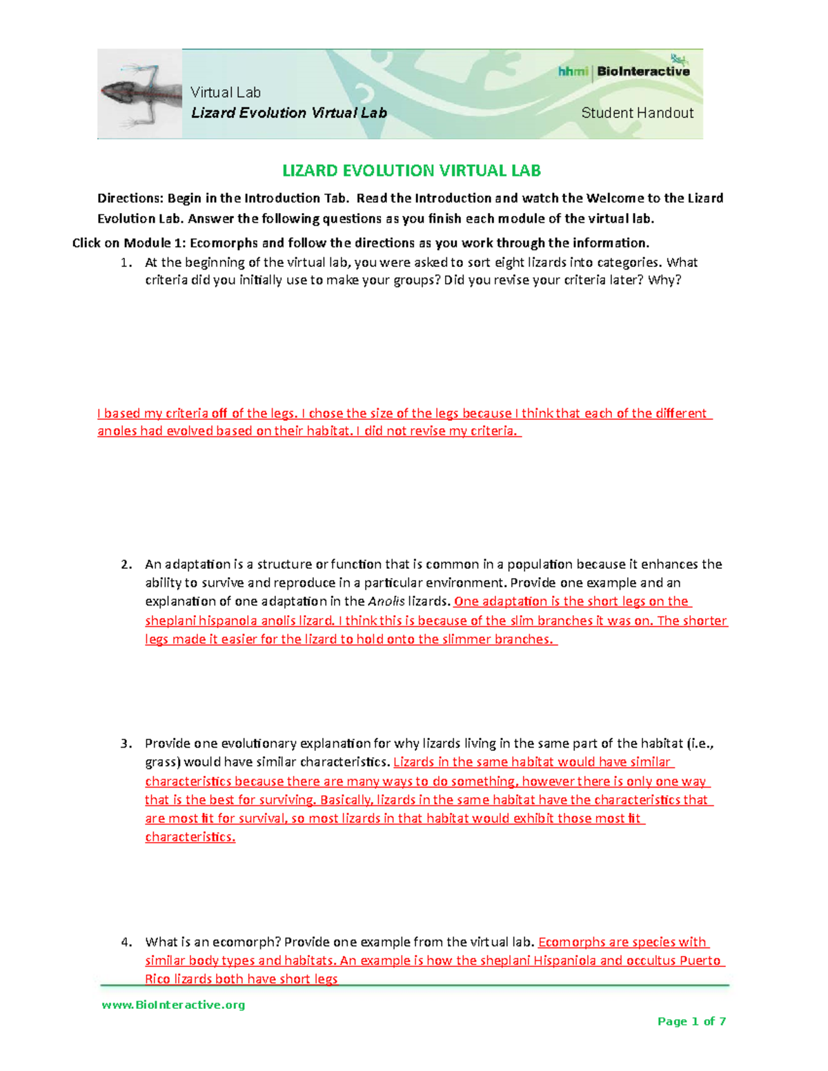 Lizard Evolution Virtual Lab Student Worksheet 1-1 - Student Handout ...