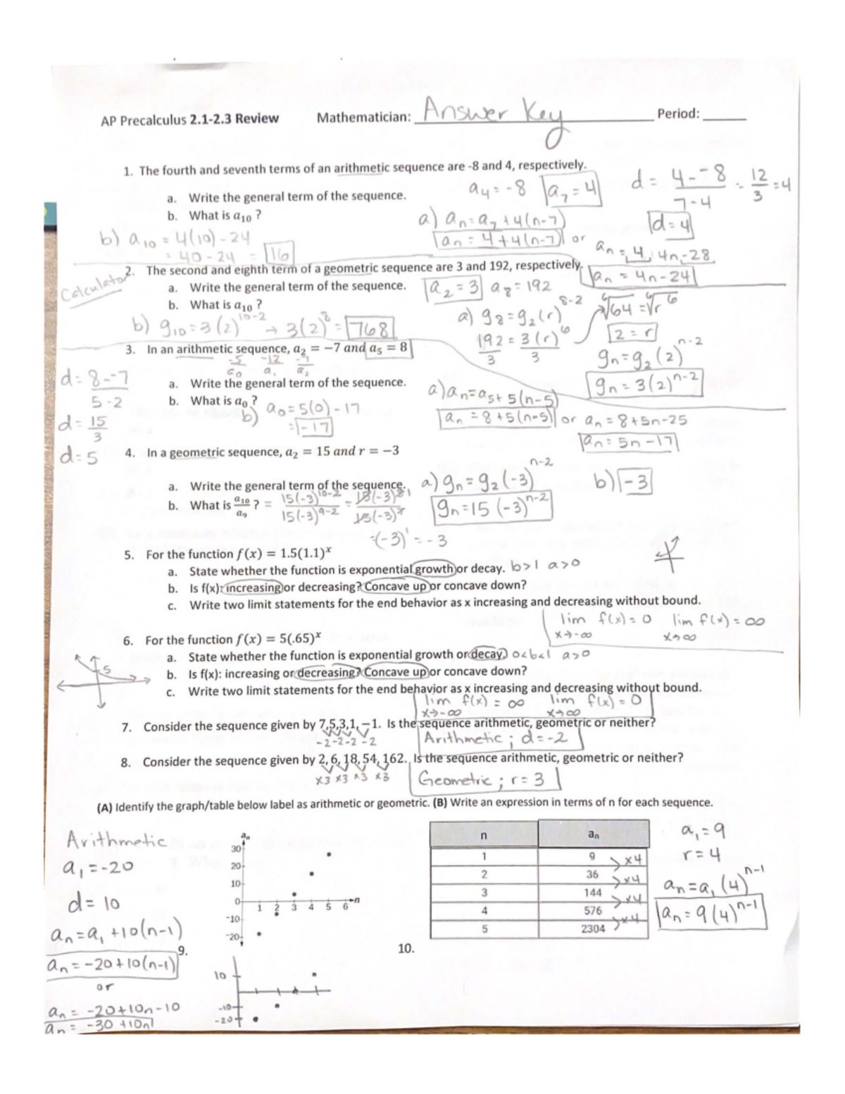 AP Precalculus Quiz Review: Arithmetic & Geometric Sequences - Studocu