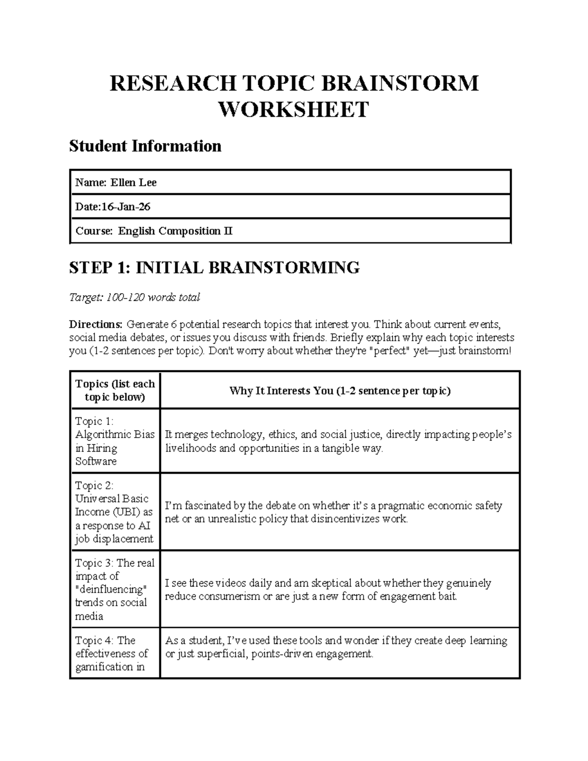 Research Topic Brainstorm Worksheet for English Comp II - Studocu
