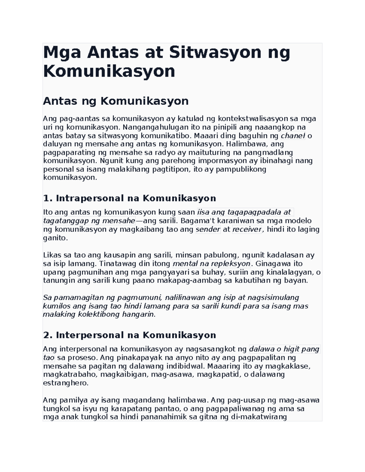 Mga Antas at Sitwasyong Pangkomunikasyon: Isang Pagsusuri - Studocu