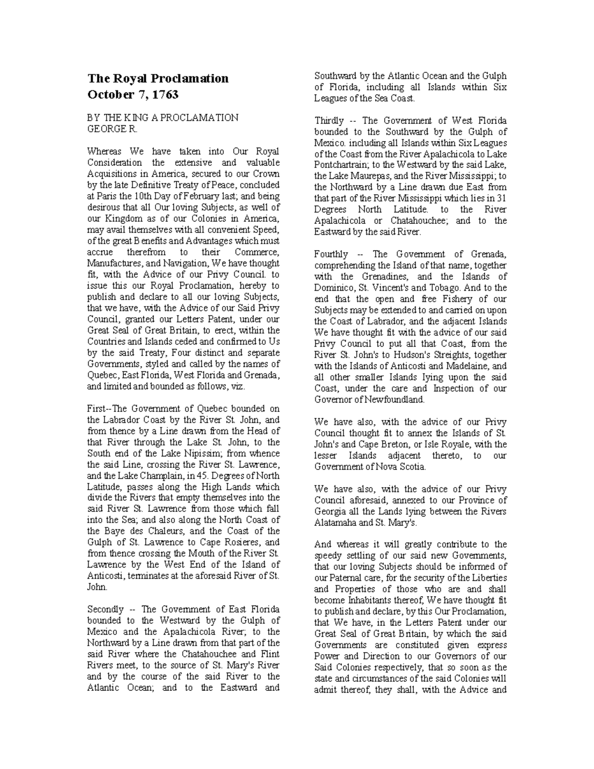 Royal Proclamation of October 7, 1763: Territorial Boundaries and ...