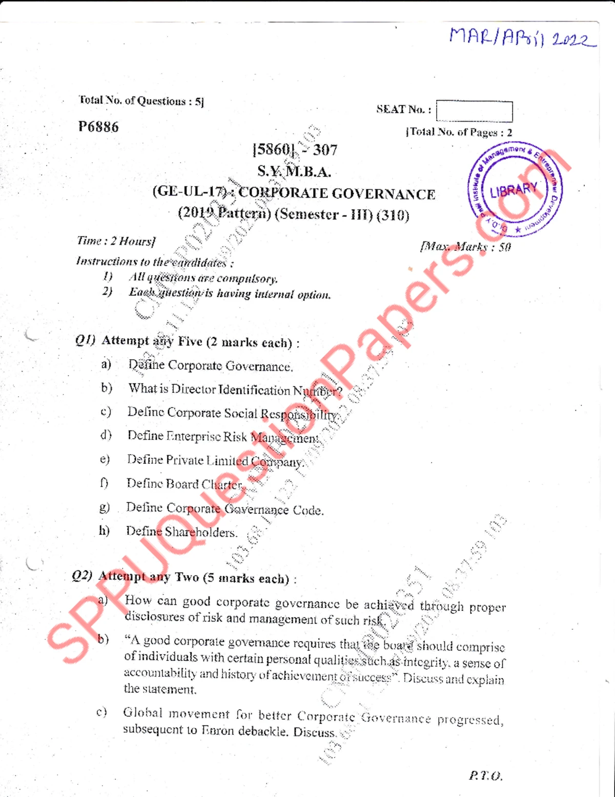 Postgraduate-pg mba semester-3 2023 may corporate-governance-pattern-2019 - Total No. of ...