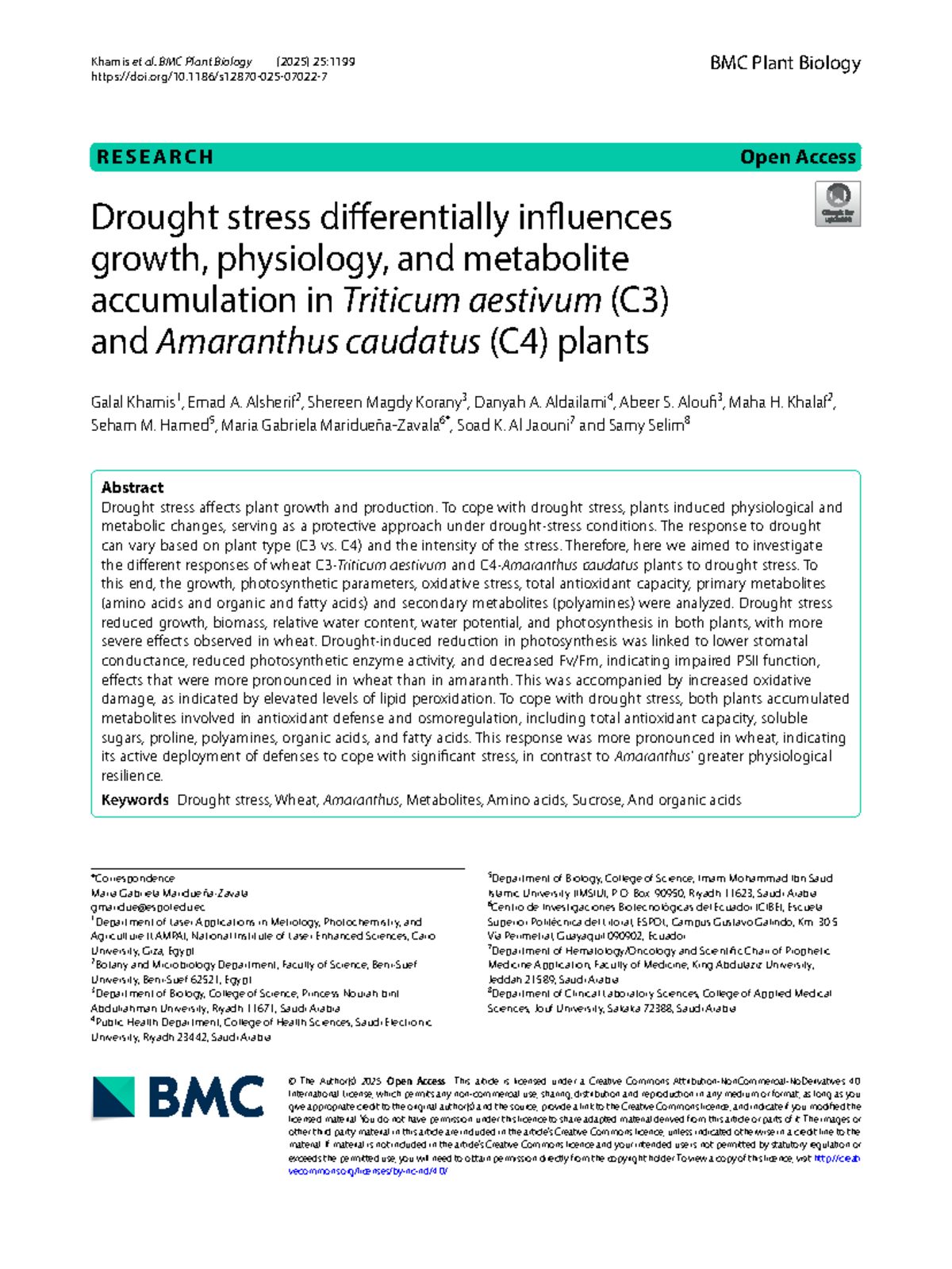Drought Stress Responses in C3 Wheat and C4 Amaranthus: A Comparative ...