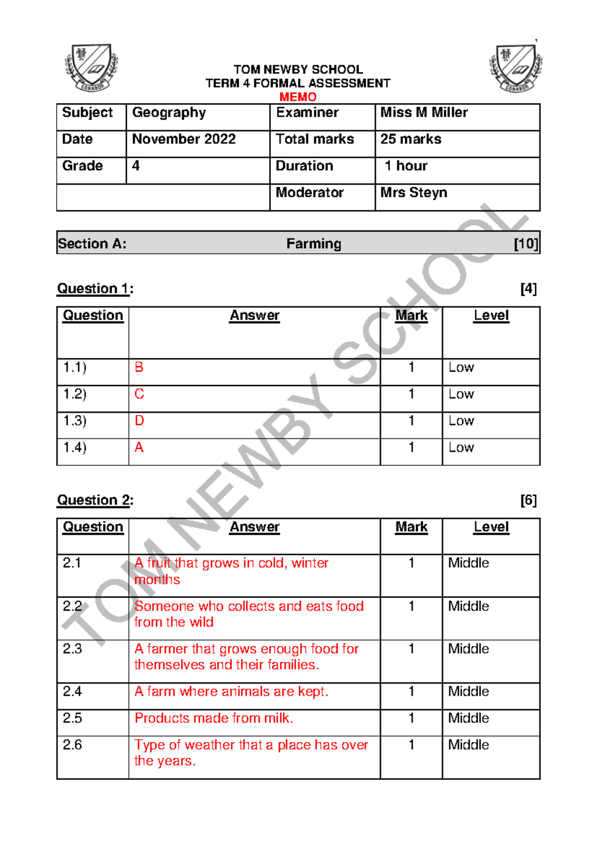 Grade 4 Geography Term 4 Formal Assessment Memo - Nov 2022 - Studocu
