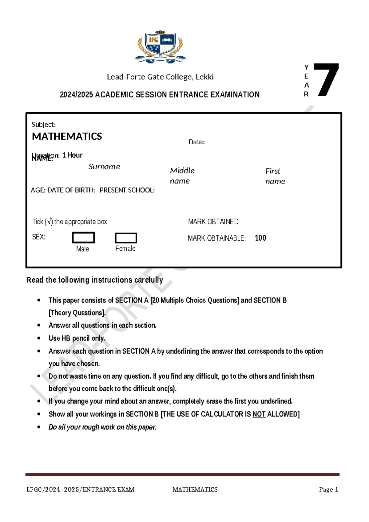 MAT 101 Entrance Exam: Mathematics Questions & Instructions - Studocu