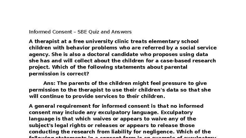 CITI Quiz 6: Informed Consent Concepts and Answers - Studocu