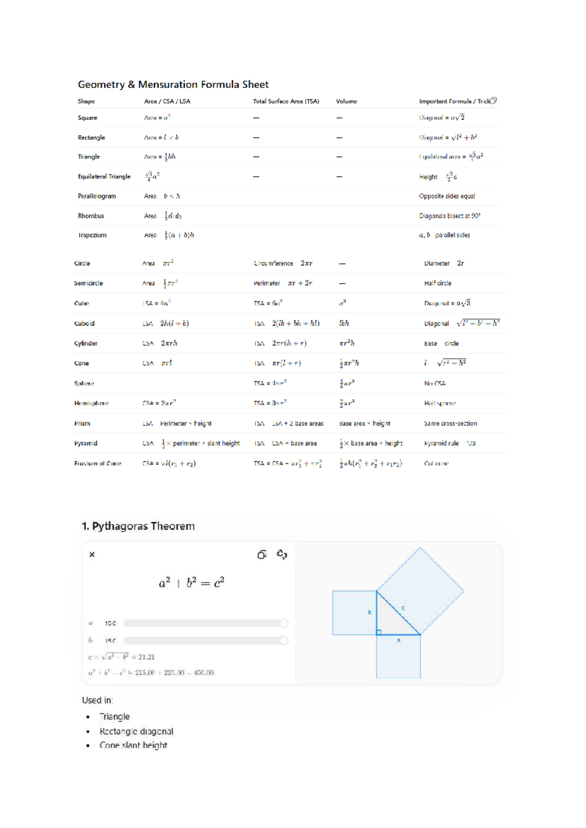 Geometry Mensuration Formula Sheet: Key Formulas & Tricks - Studocu