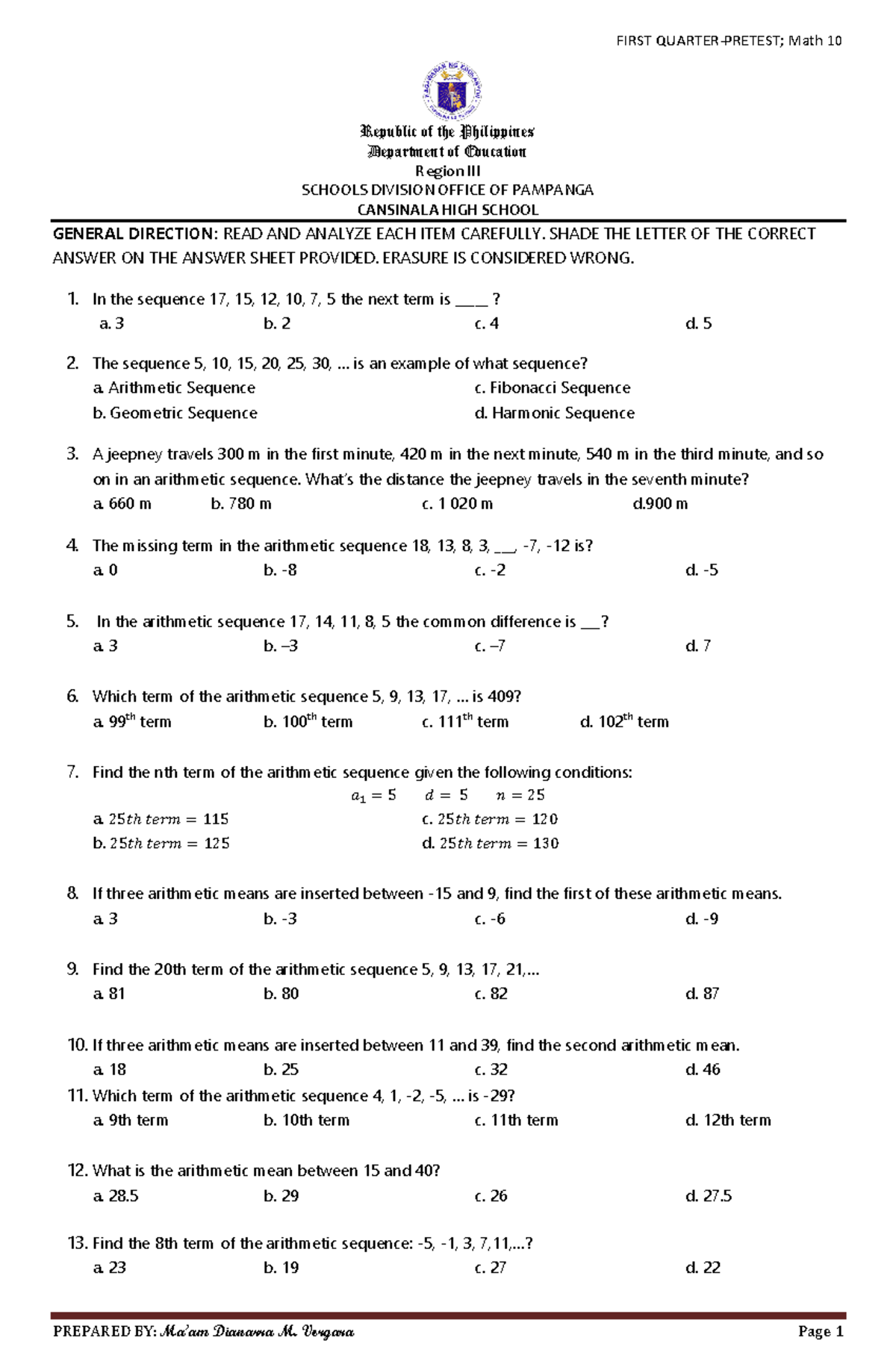 MATH 10 - First Quarter Pre-Test Review & Practice - Studocu