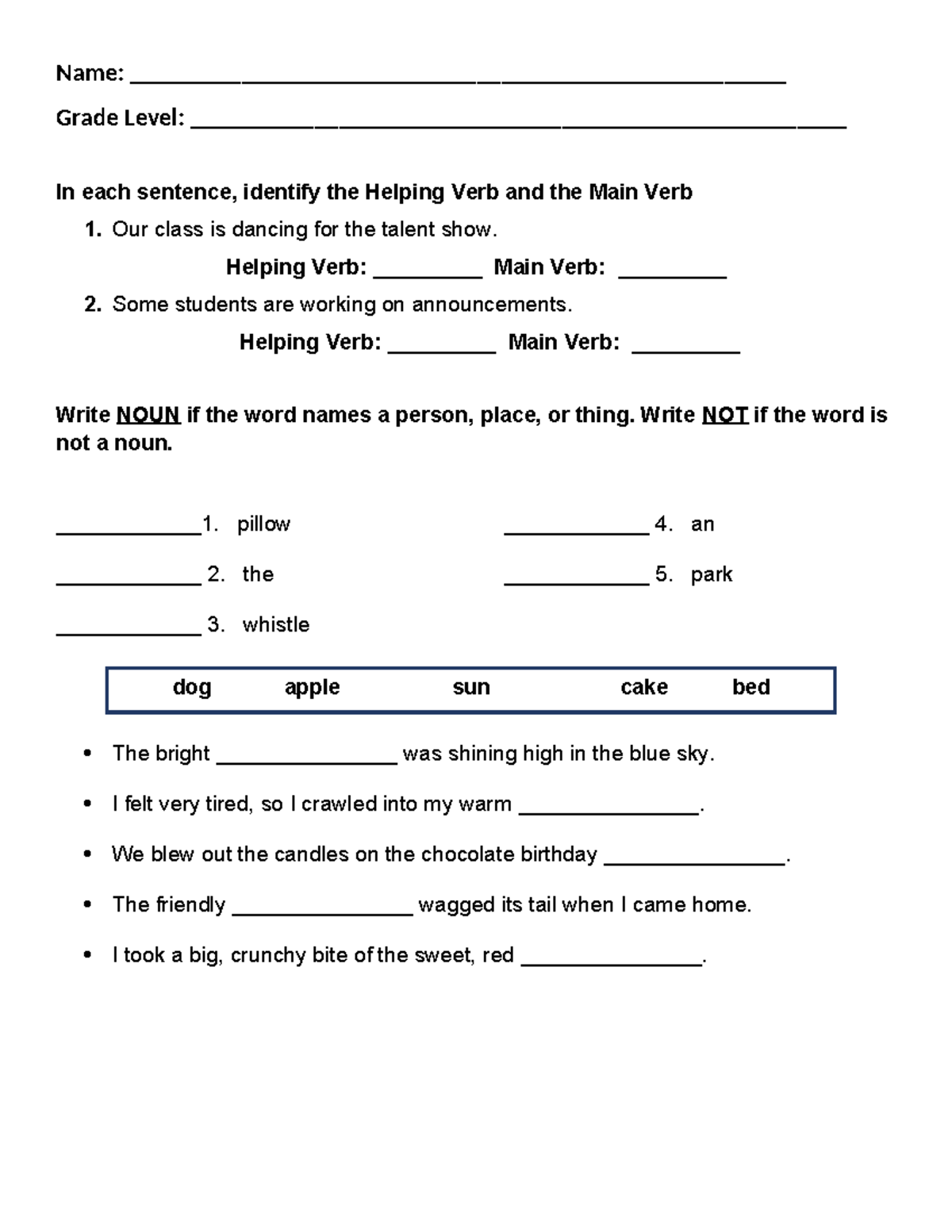 Helping and Main Verbs Identification and Noun Classification - Grade ...
