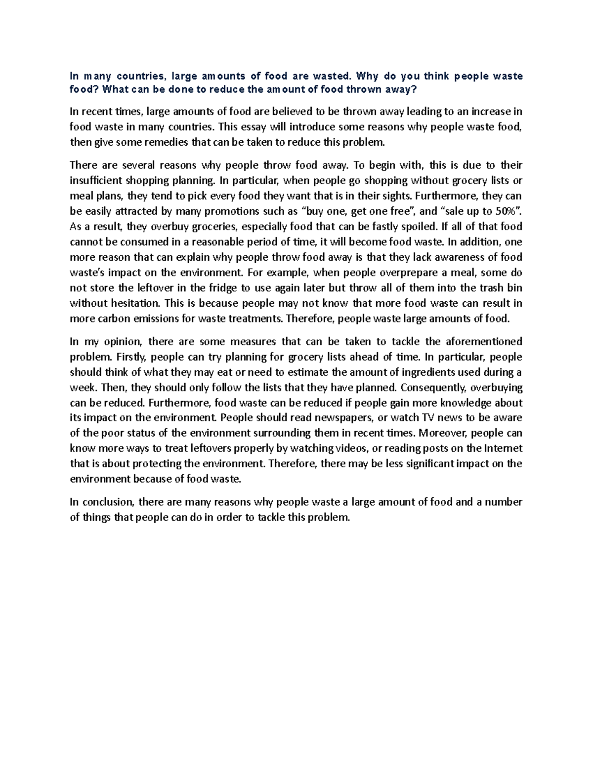 IELTS Writing Task 2: Addressing Food Waste Causes & Solutions - Studocu