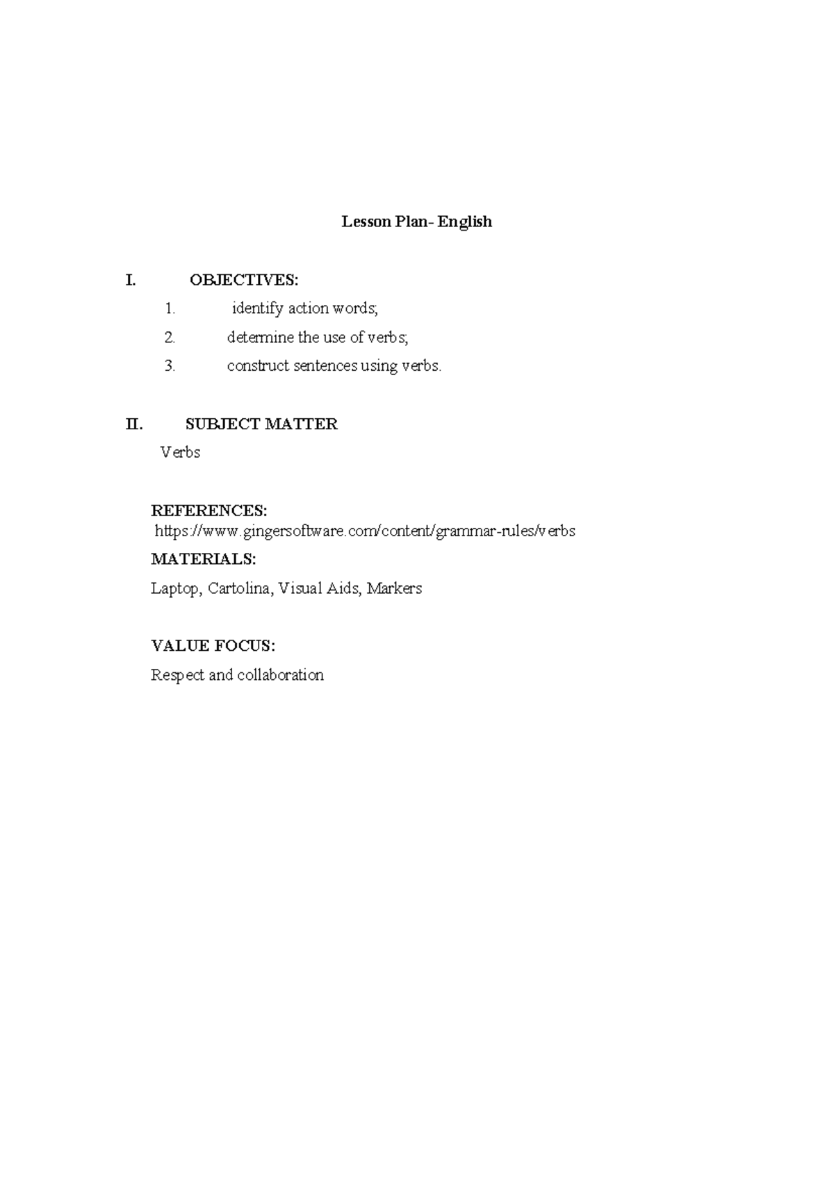 Lesson Plan: Understanding Verbs in English I - Studocu