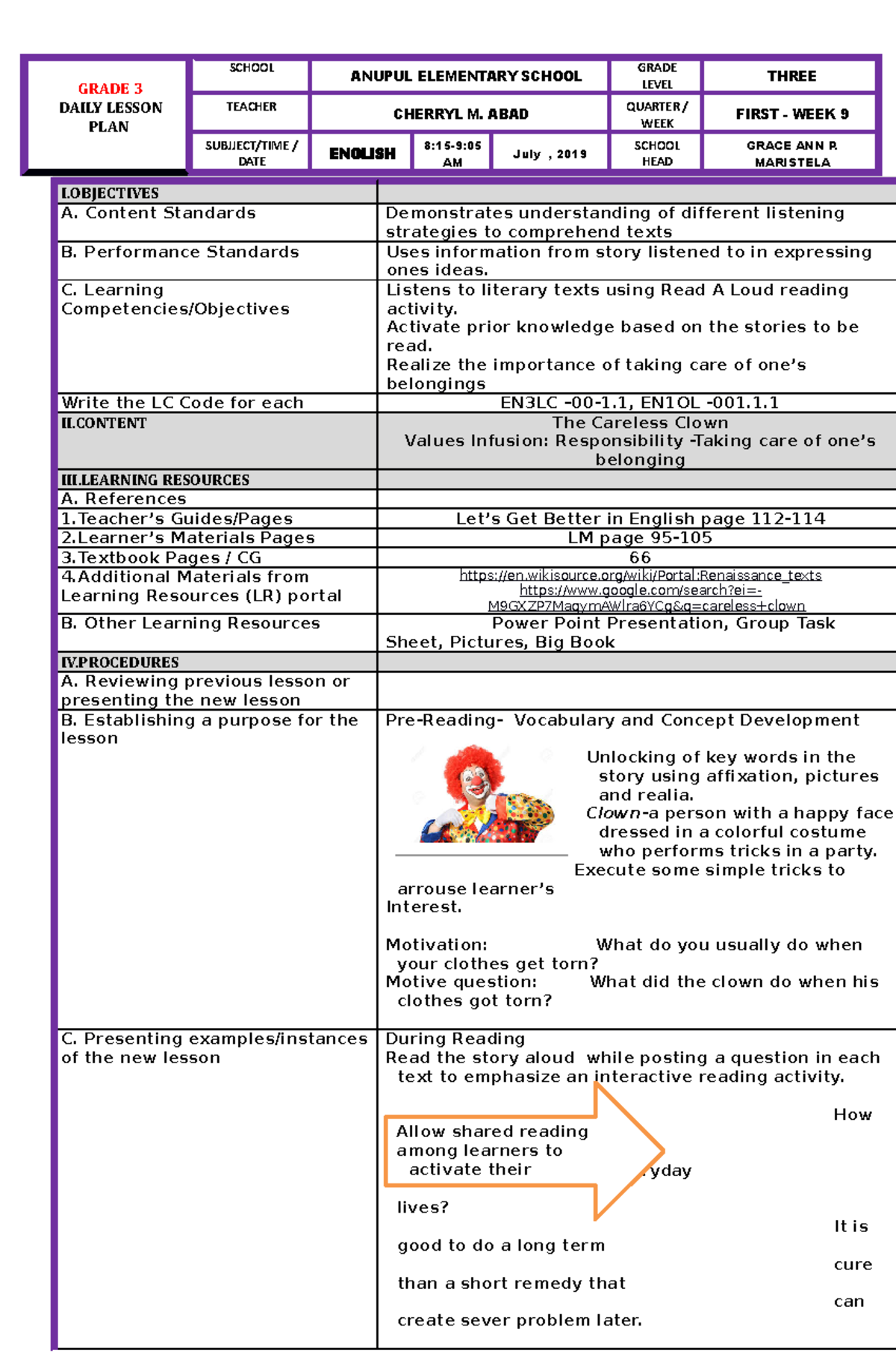 Grade 3 Daily Lesson Plan: English 3 (1st Quarter, Week 9) - Studocu