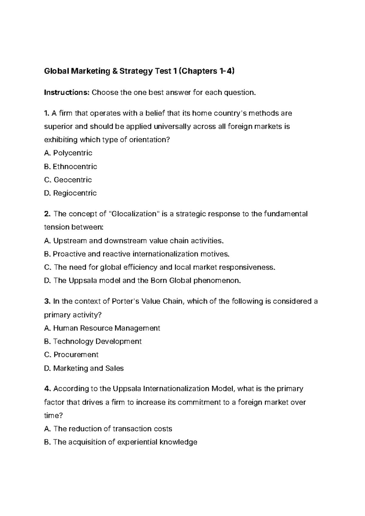 Global Marketing Strategy Testbank (Chapters 1-4) - Studocu