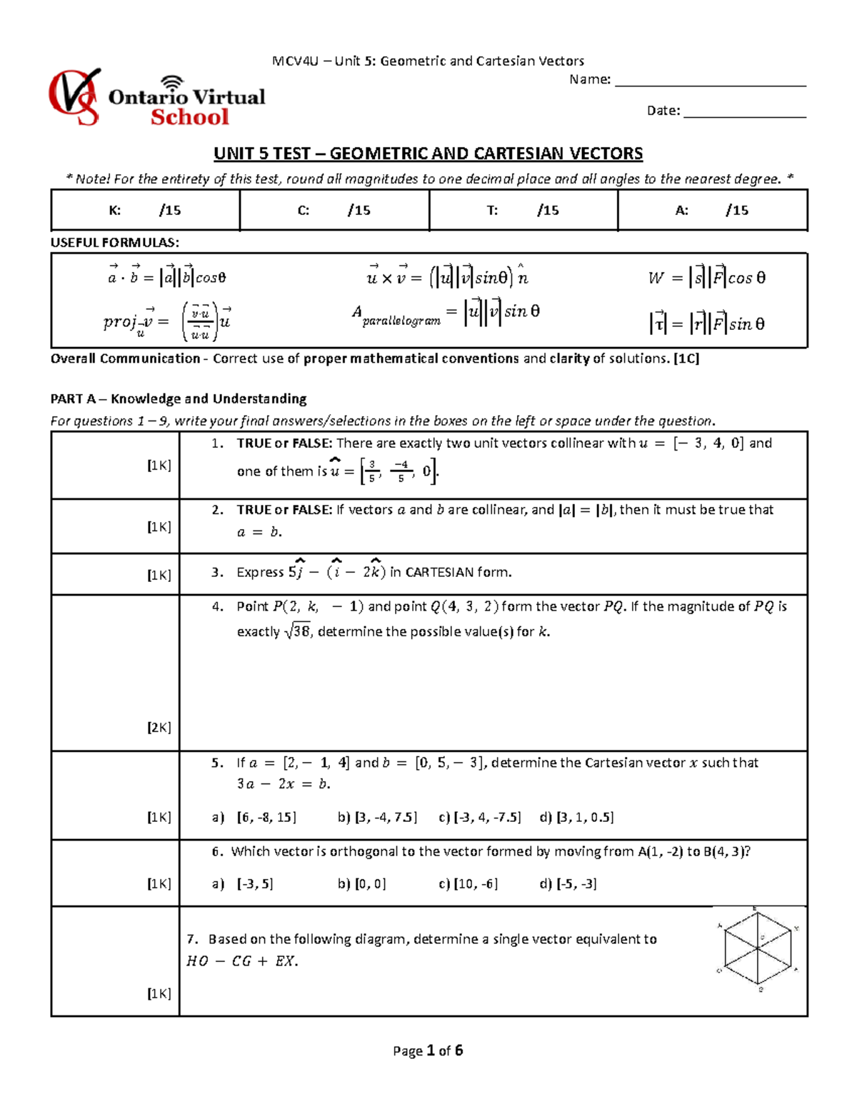 MCV4U Unit 5 Test: Geometric & Cartesian Vectors Review - Studocu