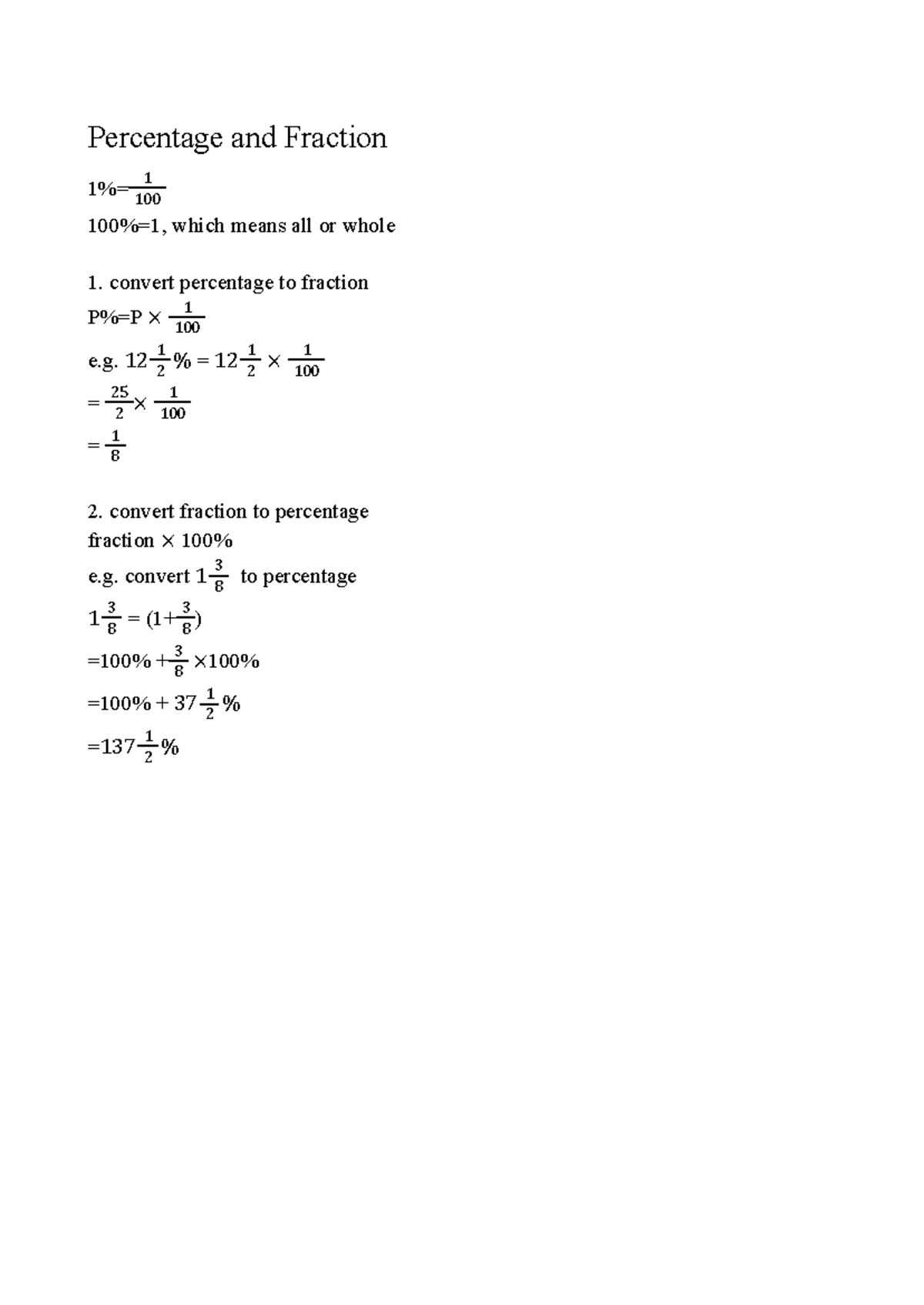 Percentage and fraction - Percentage and Fraction 1%= 1 100 100%=1 ...