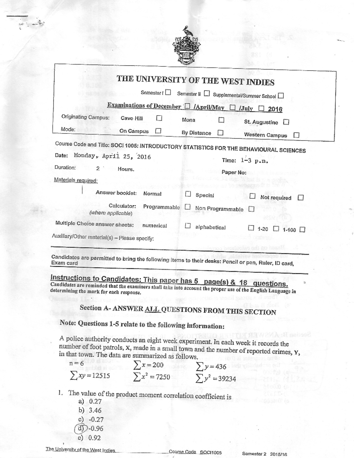 SOCI 1005: 2016 Introductory Statistics Past Exam Paper - Studocu