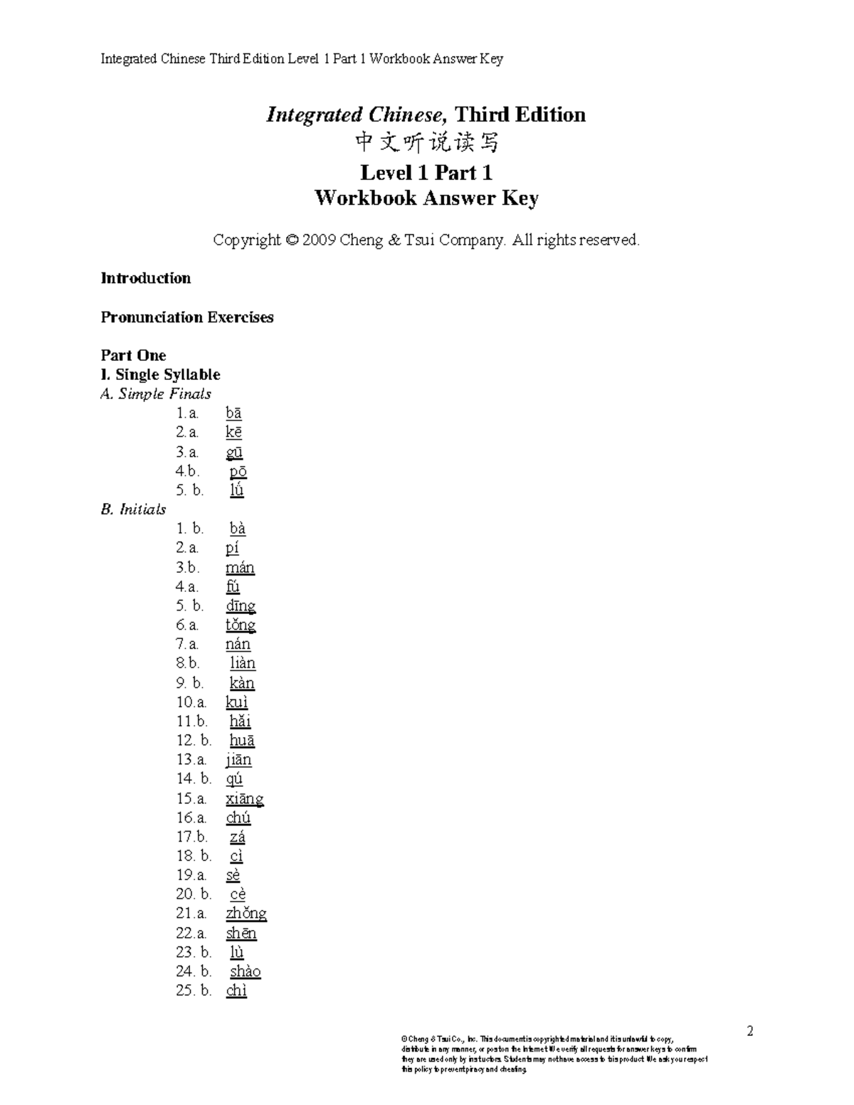 IC Chinese Level 1 Workbook Introduction Answer Key - Studocu