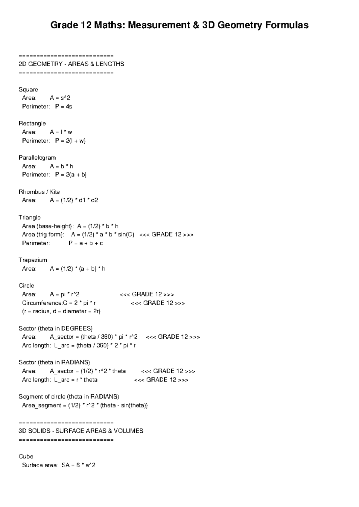 Grade 12 Maths: Measurement & 3D Geometry Formulas Guide - Studocu