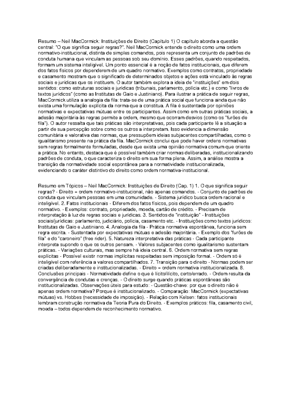 Resumo Neil MacCormick: Instituições de Direito (Cap. 1) - Studocu